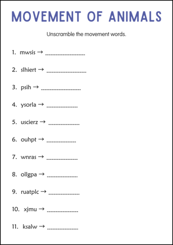Printable Movements of Animals Activity Worksheets for Grade 1, 2, 3 ...