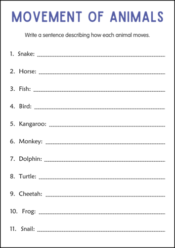 Printable Movements of Animals Activity Worksheets for Grade 1, 2, 3 ...