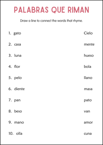 Rhyming Words Worksheets in Spanish - Hojas de Trabajo de Palabras que ...