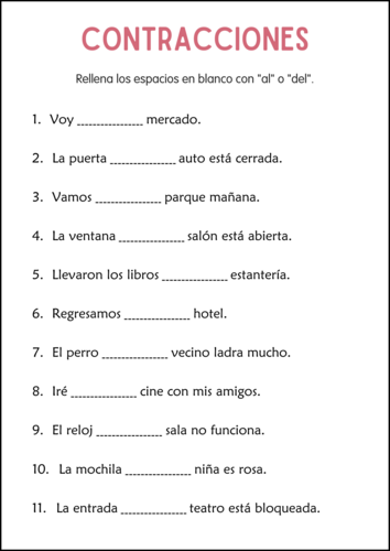 Contractions Grammar Worksheets in Spanish - Hojas de Trabajo de ...