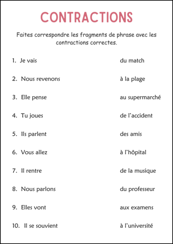 Contractions Worksheets in French - Feuilles de Travail sur les ...