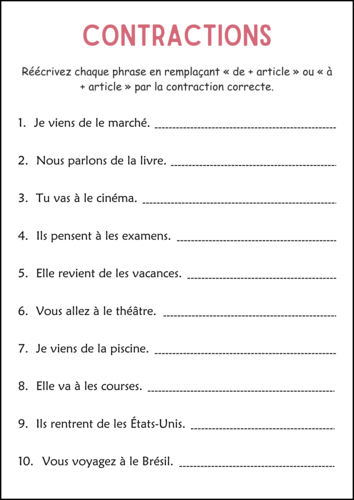 Contractions Worksheets in French - Feuilles de Travail sur les ...
