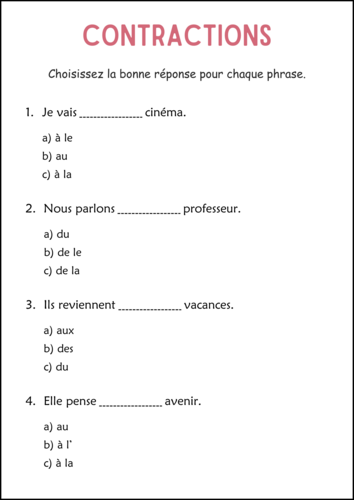 Contractions Worksheets in French - Feuilles de Travail sur les ...