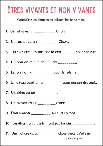Living and Non Living Things Worksheets in French - Êtres Vivants et ...
