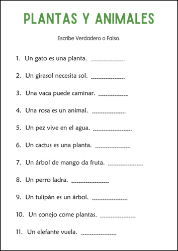 Plants and Animals Worksheet in Spanish - Hojas de Trabajo de Plantas y ...