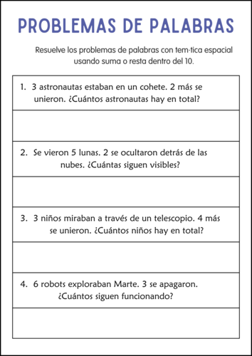 Addition and Subtraction Word Problems Within 10 Worksheets in Spanish ...