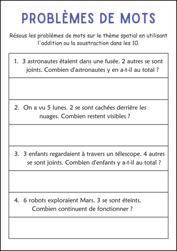 Addition and Subtraction Word Problems Within 10 Worksheets in French ...