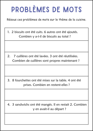 Addition and Subtraction Word Problems Within 10 Worksheets in French ...