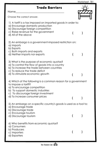 Economics Worksheets 6th Grade Trade Barriers, Demand and Supply ...