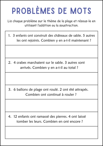 Addition and Subtraction Word Problems Within 20 Worksheet in French ...