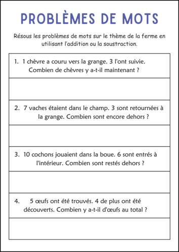 Addition and Subtraction Word Problems Within 20 Worksheet in French ...