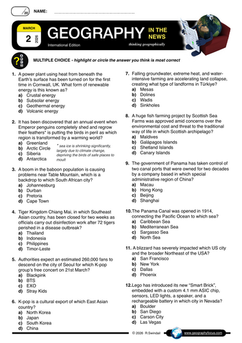 GEOGRAPHY IN THE NEWS weekly quiz - 2 March 2026 | Teaching Resources