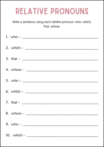 Printable Relative Pronouns Practice Grammar Worksheets for Grade 2, 3 ...
