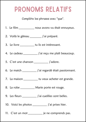 Relative Pronouns Practice Grammar Worksheets in French for Grade 2, 3 ...