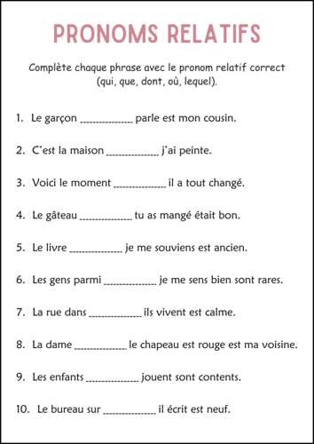 Relative Pronouns Practice Grammar Worksheets in French for Grade 2, 3 ...