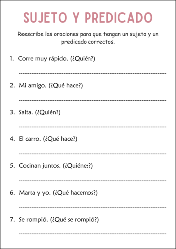 Spanish Subjects and Predicates - Sentence Structure Worksheets for ...