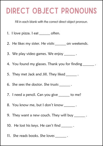 Printable Direct Object Pronouns Practice Grammar Worksheets for Grade ...