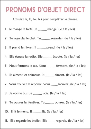 Direct Object Pronouns Practice Grammar Worksheets in French for Grade ...