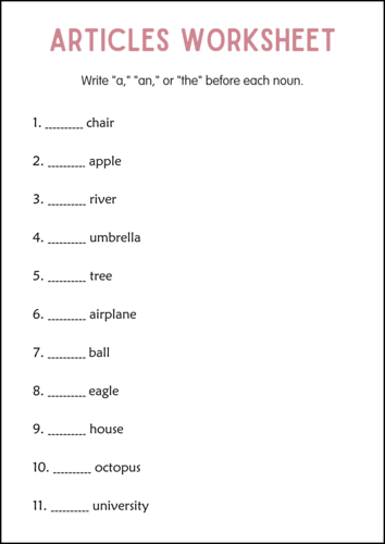 Printable Articles (a, an, the) English Grammar Worksheets for Grade 1 ...