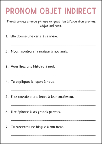 Indirect Object Pronouns in French Practice Grammar Worksheets for ...
