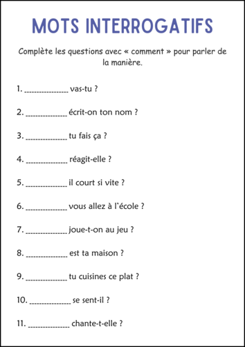 Mots Interrogatifs - Question Words Worksheets in French for Grade 1, 2 ...