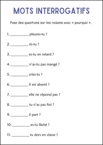 Mots Interrogatifs - Question Words Worksheets in French for Grade 1, 2 ...