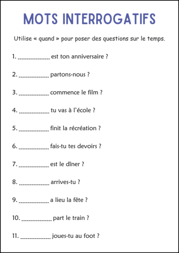Mots Interrogatifs - Question Words Worksheets in French for Grade 1, 2 ...