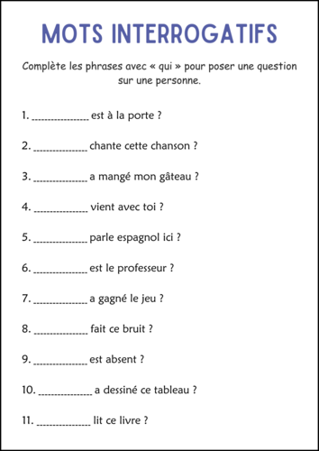 Mots Interrogatifs - Question Words Worksheets in French for Grade 1, 2 ...