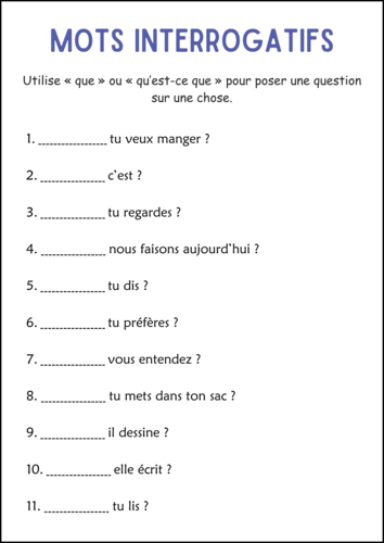 Mots Interrogatifs - Question Words Worksheets in French for Grade 1, 2 ...