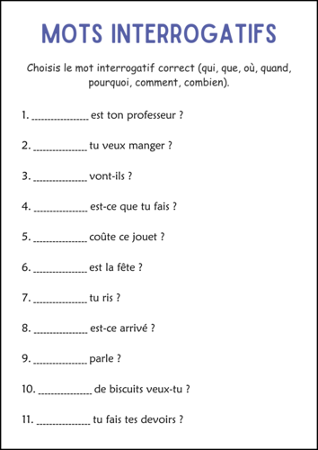 Mots Interrogatifs - Question Words Worksheets in French for Grade 1, 2 ...