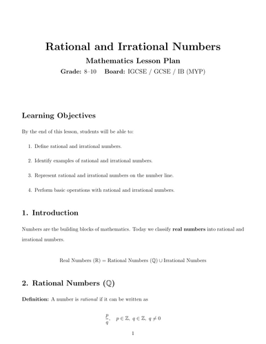 Rational and Irrational Numbers Mathematics Lesson Plan Grade: 8–10 ...