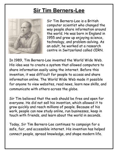 Sir Tim Berners-Lee Reading Comprehension for Gr 3 - 5 | Easy Printable ...