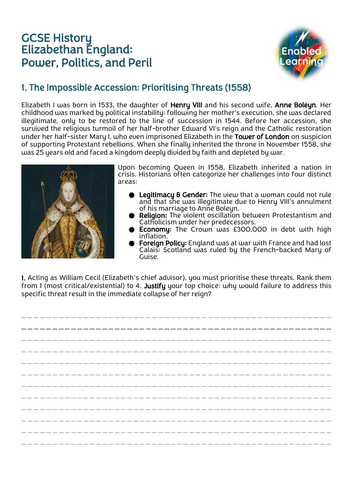 GCSE History - Elizabeth I - Power, Politics and Peril | Teaching Resources