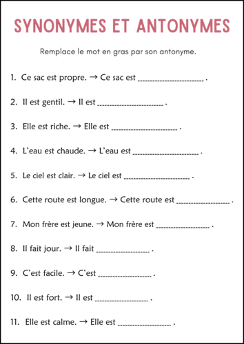 Synonymes et Antonymes - Synonyms and Antonyms Grammar Worksheets in ...