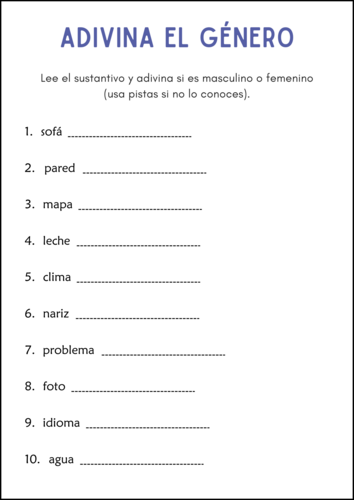 Género de los Sustantivos - Gender of Nouns Grammar Worksheets in ...