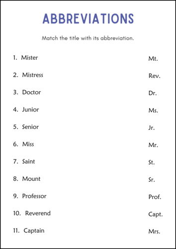 Printable Abbreviations Grammar Worksheets - Abbreviations Matching for ...