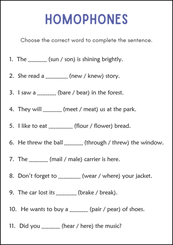 Printable Homophones and Homographs Grammar Worksheets for 1st 2nd 3rd ...