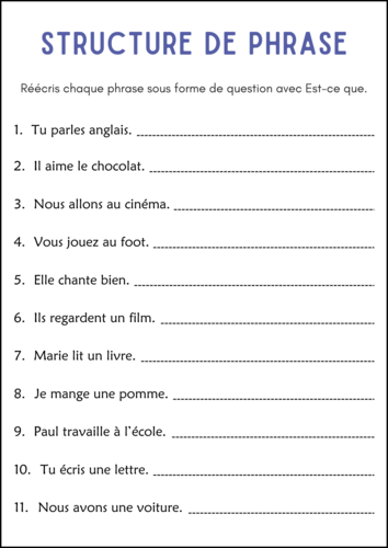 Structure de la Phrase - Sentence Structure Grammar Worksheets in ...