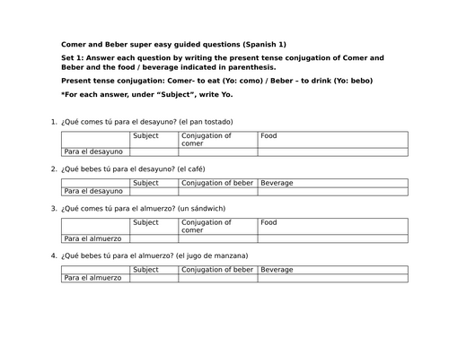 Comer and Beber super easy guided questions (Spanish 1) | Teaching ...