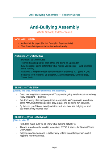 Anti-Bullying Assembly | Whole School | EYFS–Year 6 | Teaching Resources