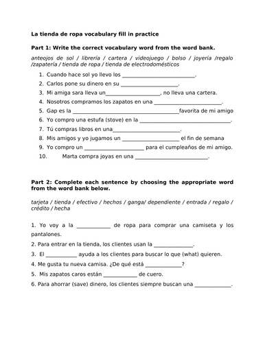 La tienda de ropa vocabulary fill in practice | Teaching Resources