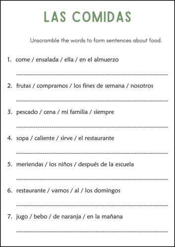 Sentence Scramble Grammar Worksheets in Spanish - Desorden de Oraciones ...