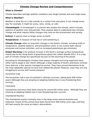 Climate Change Comprehension & Review Worksheet | Geography Assessment ...