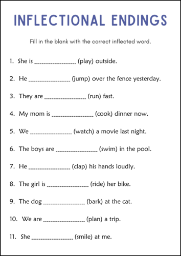 Inflectional Endings Grammar Worksheets and Activities - ing, -ed, -s ...