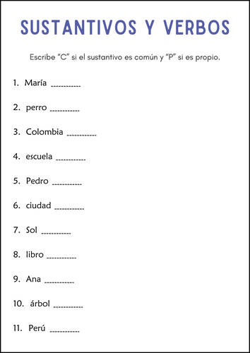 Sustantivos y Verbos - Nouns and Verbs Grammar Worksheets in Spanish ...