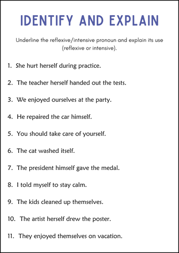 Printable Reflexive and Intensive Pronouns Grammar Worksheets for Grade ...