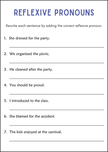 Printable Reflexive and Intensive Pronouns Grammar Worksheets for Grade ...