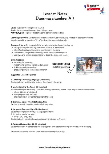 KS3 French Listening – Dans ma chambre | Bedroom Vocabulary Song (A1/Y7 ...