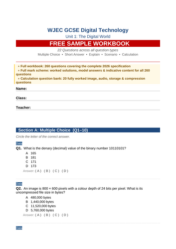 FREE WJEC GCSE Digital Technology Unit 1 Exam Practice | Sample ...