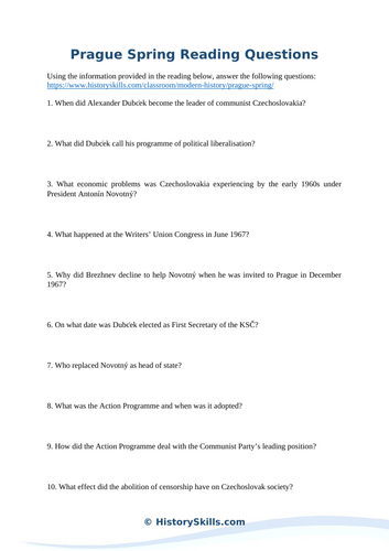 Prague Spring Reading Comprehension Worksheet | Teaching Resources